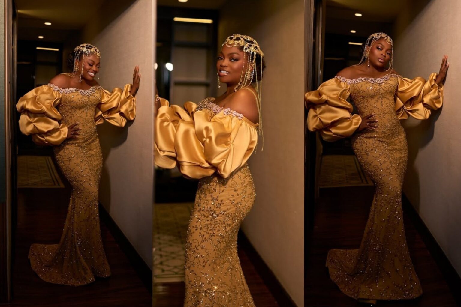 Funke Akindele Stuns In Gold Dress at Priscilla Ojo And Juma Jux’s Grand Wedding Finale in ...